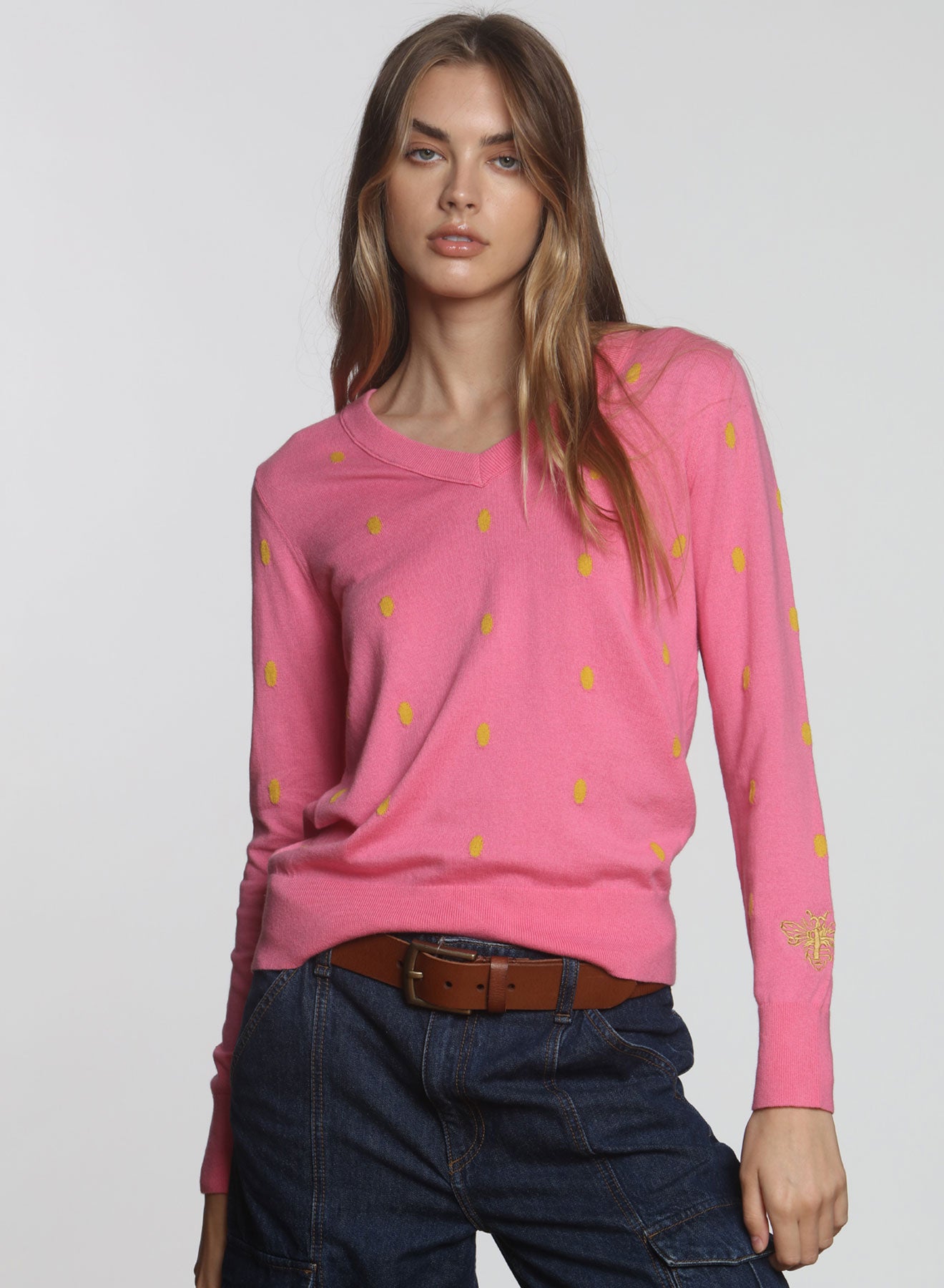 LABEL+thread Women's Cotton Cashmere Dobby Dot Crew - Pink Gold