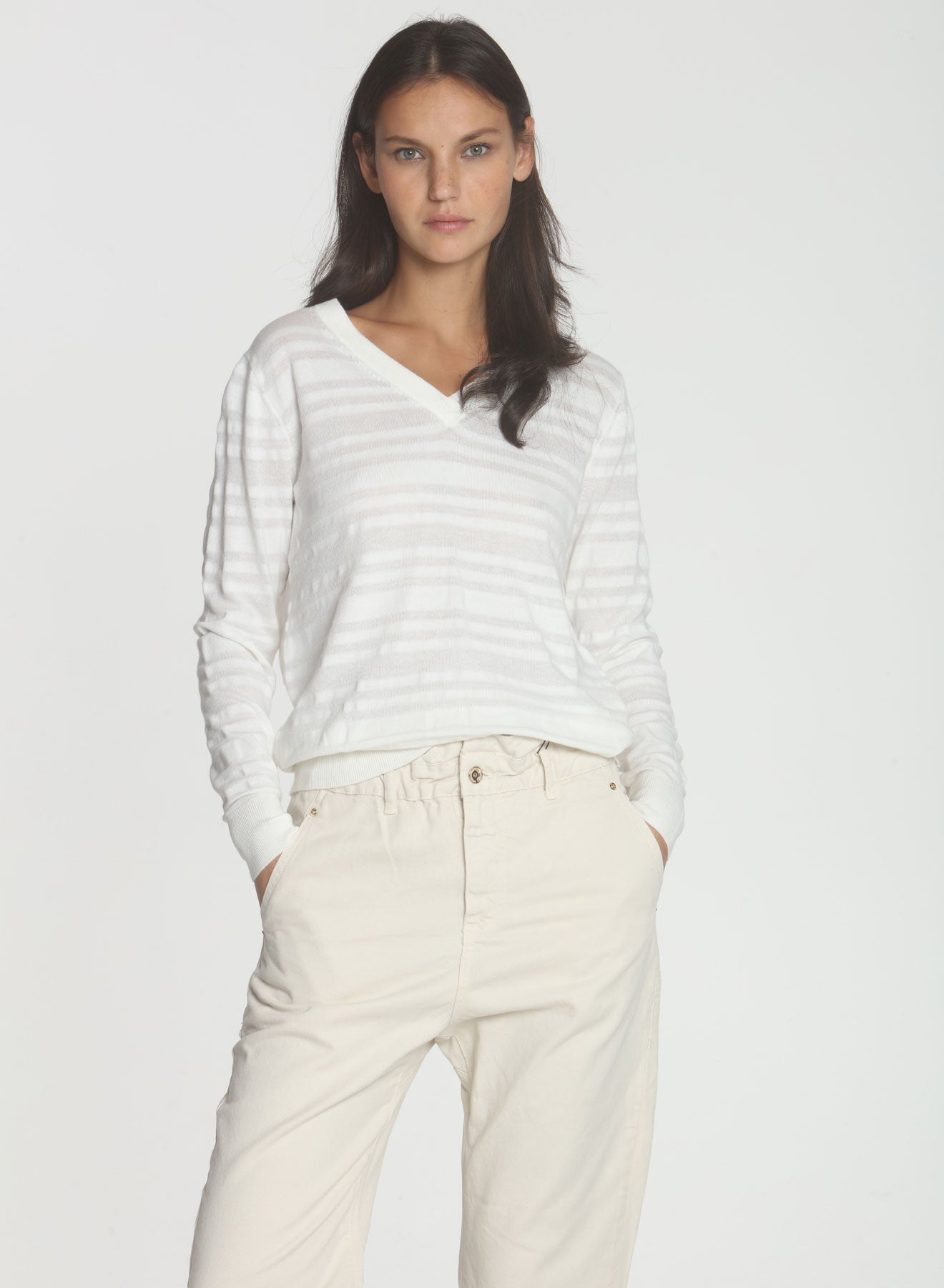 LABEL+thread Women's Cotton Shadow Stripe Vee - White
