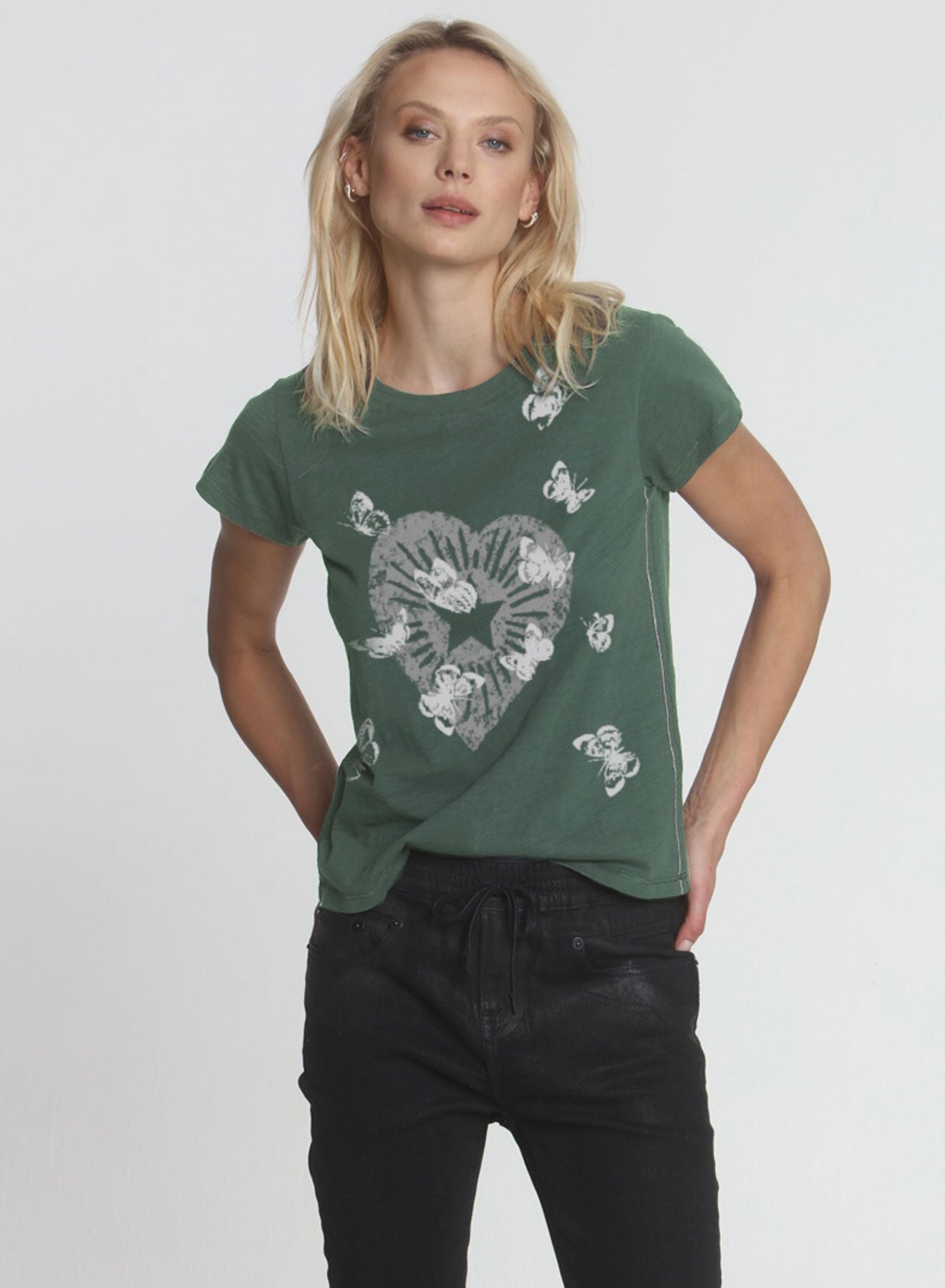 LABEL+thread Women's Graphic Ava Cotton Tee - OD Green Heart Butterflies