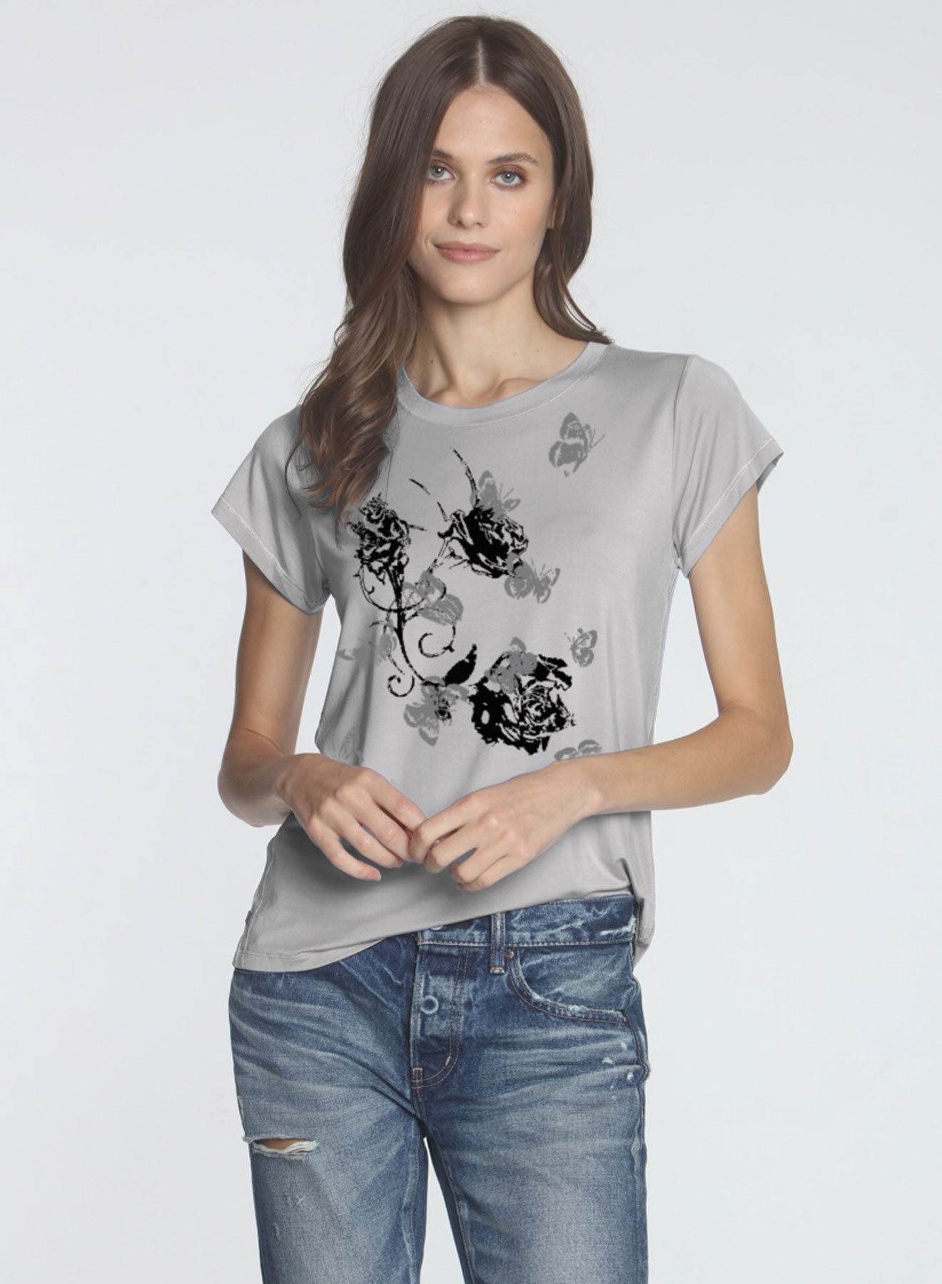 LABEL+thread Women's Graphic Kate Modal Crew - Stone Rose Butterflies